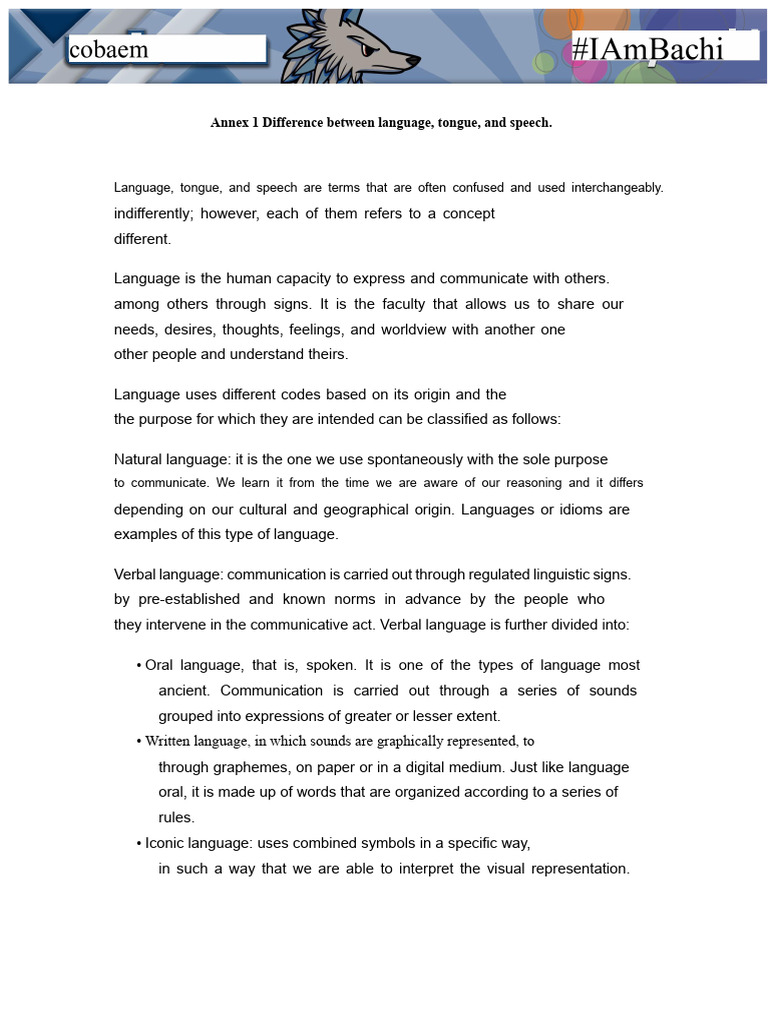 Annex 1 Difference Between Language, Tongue, and Speech | PDF | Speech | Nonverbal Communication