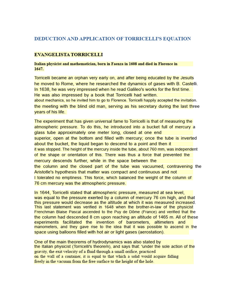 Deduction and Application of Torricelli's Equation | PDF | Pressure ...
