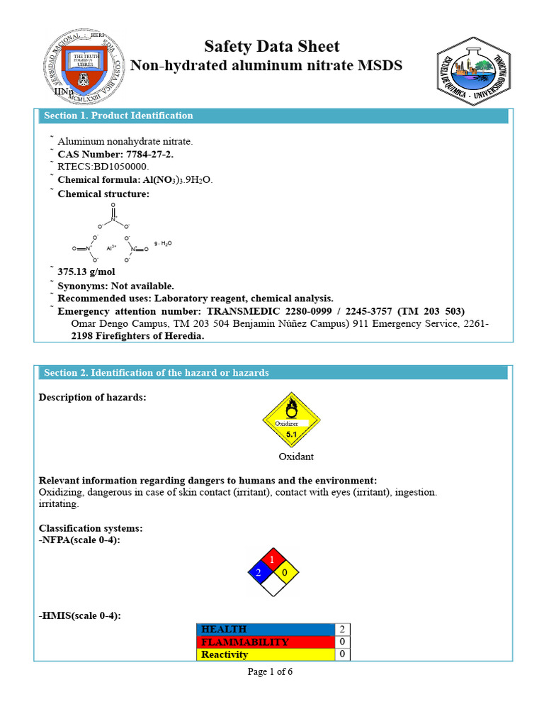 Non-Hydrated Aluminum Nitrate | PDF | Toxicity | Water
