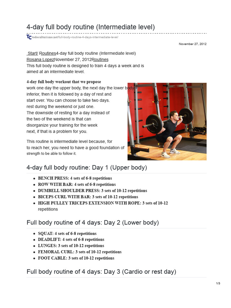 4-Day Full Body Routine Intermediate Level | PDF | Strength Training ...