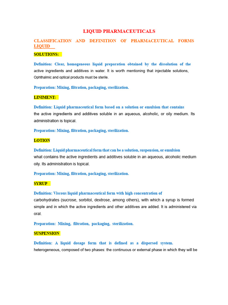 Liquid Pharmaceuticals: Types & Preparation | PDF | Mixture | Emulsion