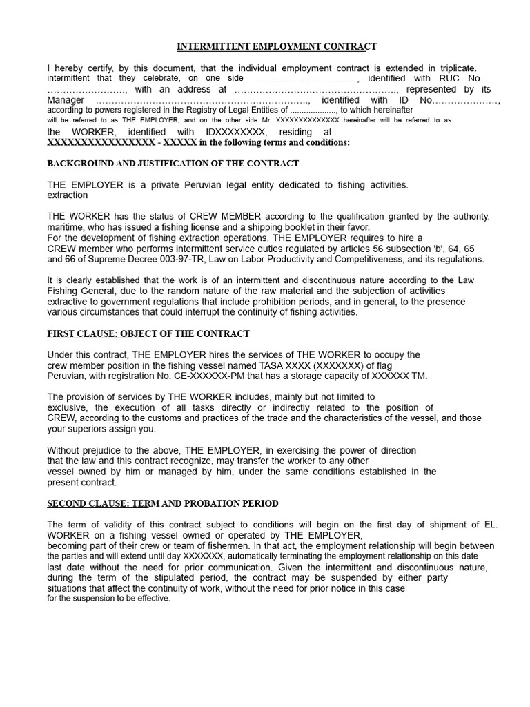 Intermittent Employment Contract for Crew Member | PDF | Employment ...