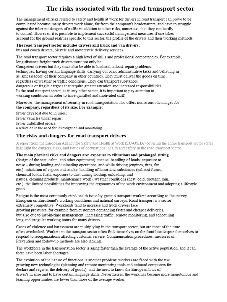 The Risks Associated With The Road Transport Sector | PDF ...
