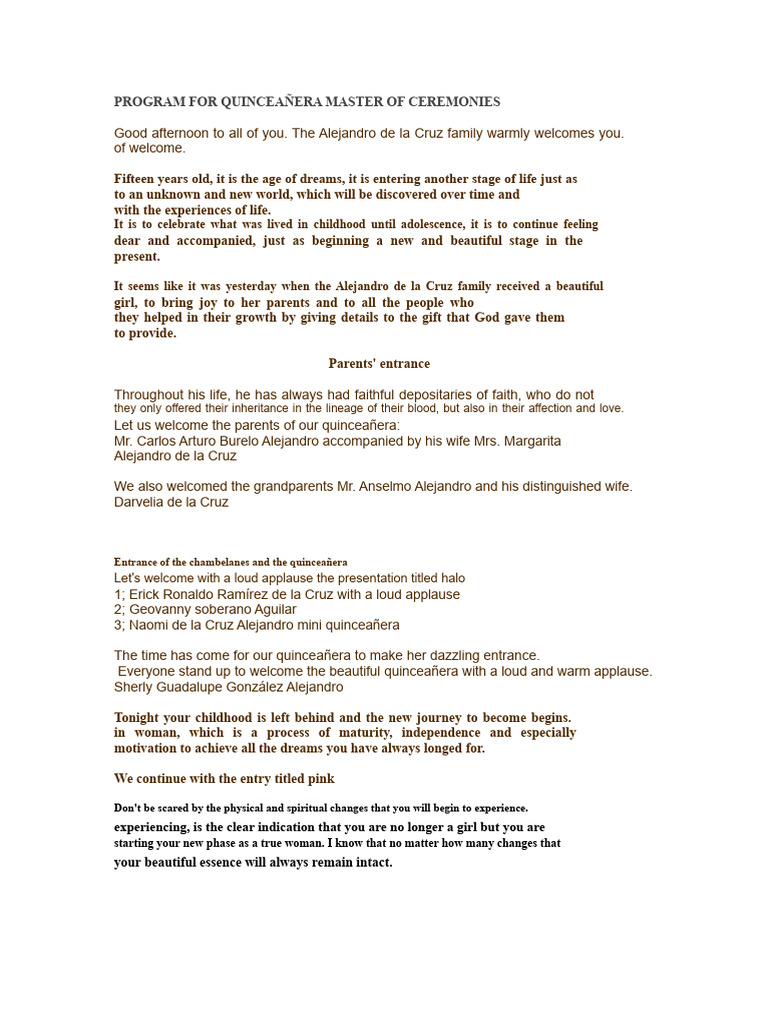 Program For Quinceanera Master of Ceremonies Alexandra | PDF