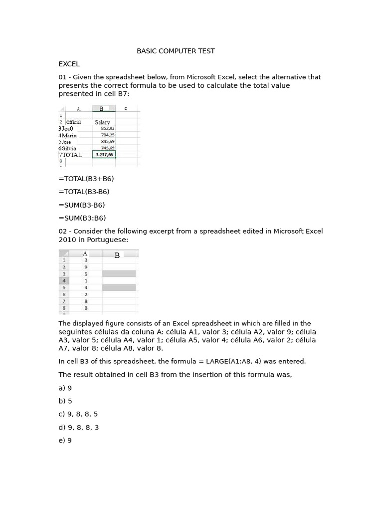 Basic Computer Test - Excel | PDF | Microsoft Excel | Spreadsheet