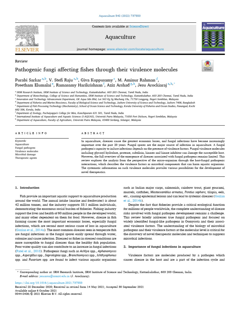 Fungal Pathogens in Aquaculture: Virulence Factors | PDF | Protease ...