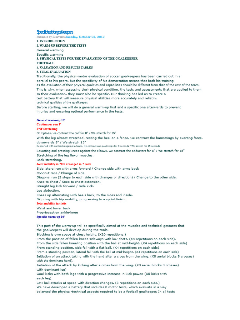 Goalkeeper Physical Evaluation Tests | PDF | Anatomical Terms Of Motion