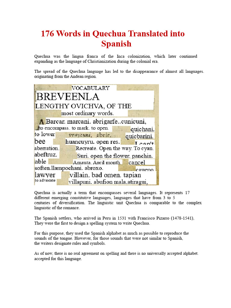 170 Words in Quechua | PDF | Spanish Language | Inca Empire