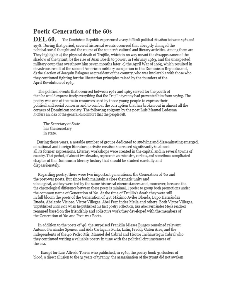 Poetic Generation of The 60s GENERATION OF THE 60s | PDF | Dominican ...