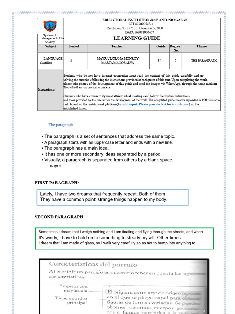 GUIDE 2 SPANISH 3rd - PARAGRAPH - THIRD TERM | PDF | Paragraph | Human ...