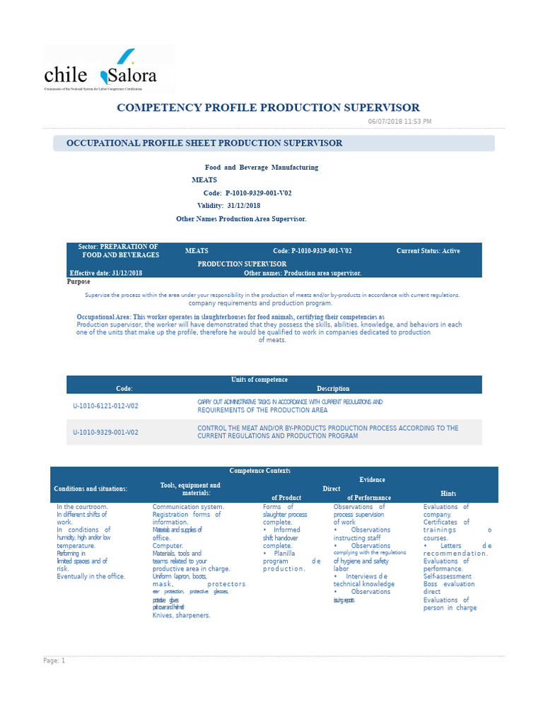 Production Supervisor Food Competency Profile | PDF | Slaughterhouse | Occupational Safety And ...