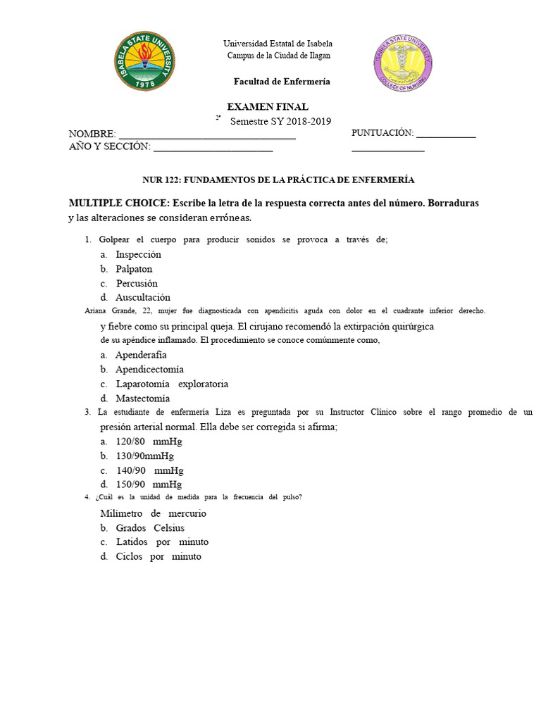 Examen Final de Fundamentos de Enfermería | PDF | Enfermería | Medicina
