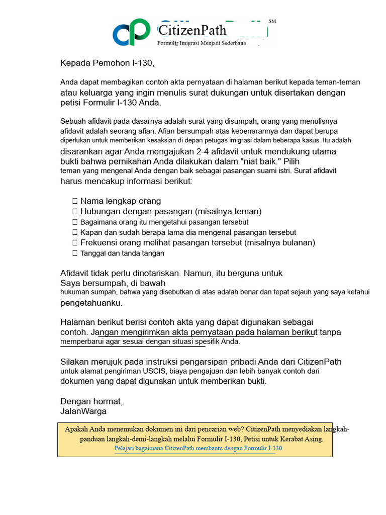 Contoh Affidavit untuk I-130 | PDF