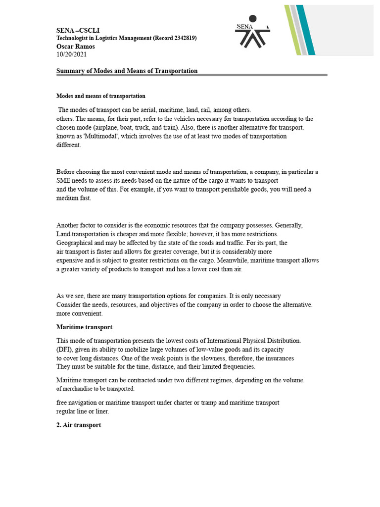 Modes and Means of Transportation Evidence | PDF | Cargo | Transport