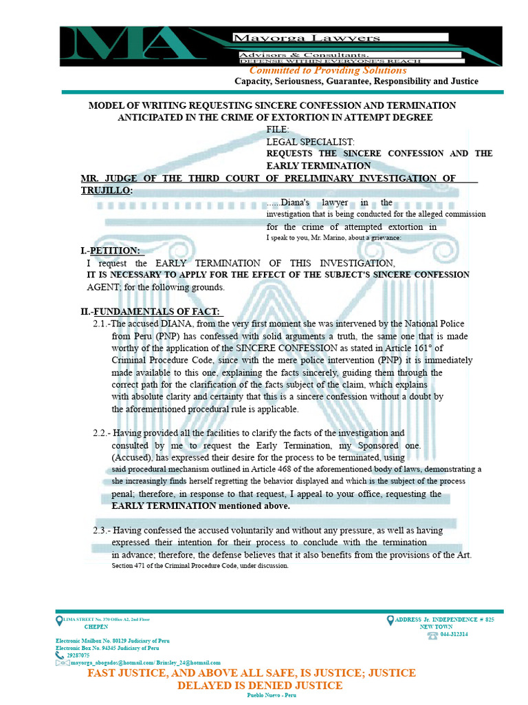Model of Writing Requesting A Sincere Confession and Early Termination in The Crime of Attempted ...