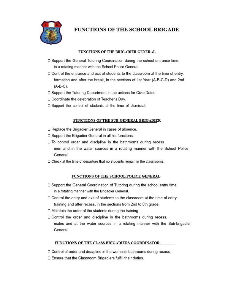 School Brigade Roles and Responsibilities | PDF | Teachers