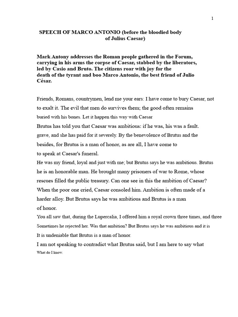 Antony's Funeral Speech for Caesar | PDF | Julius Caesar | Mark Antony
