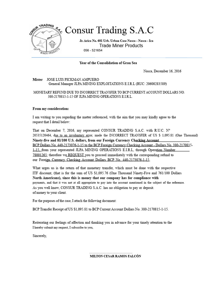 Letter of Return For Erroneous Transfer | PDF | Money | Trade
