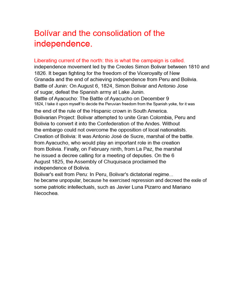 Bolívar and The Consolidation of Independence | PDF