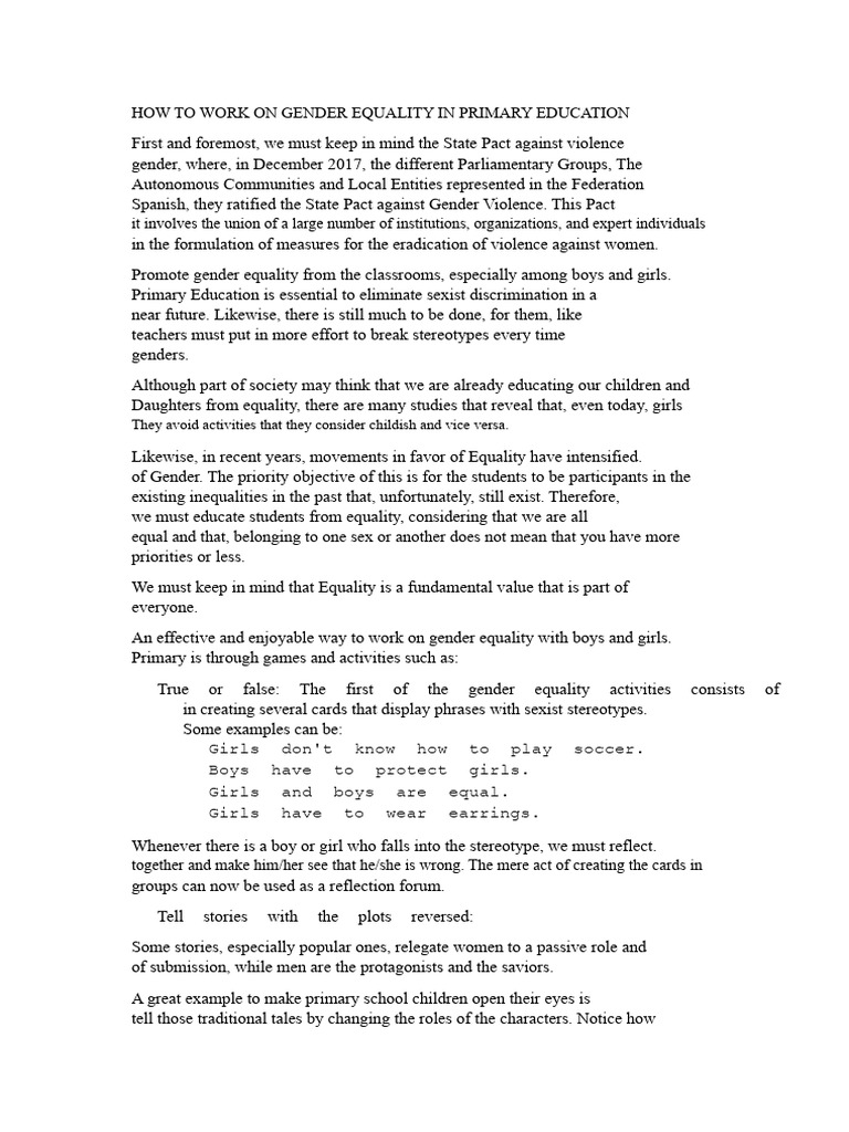 How To Work On Gender Equality in Primary School | PDF | Gender ...