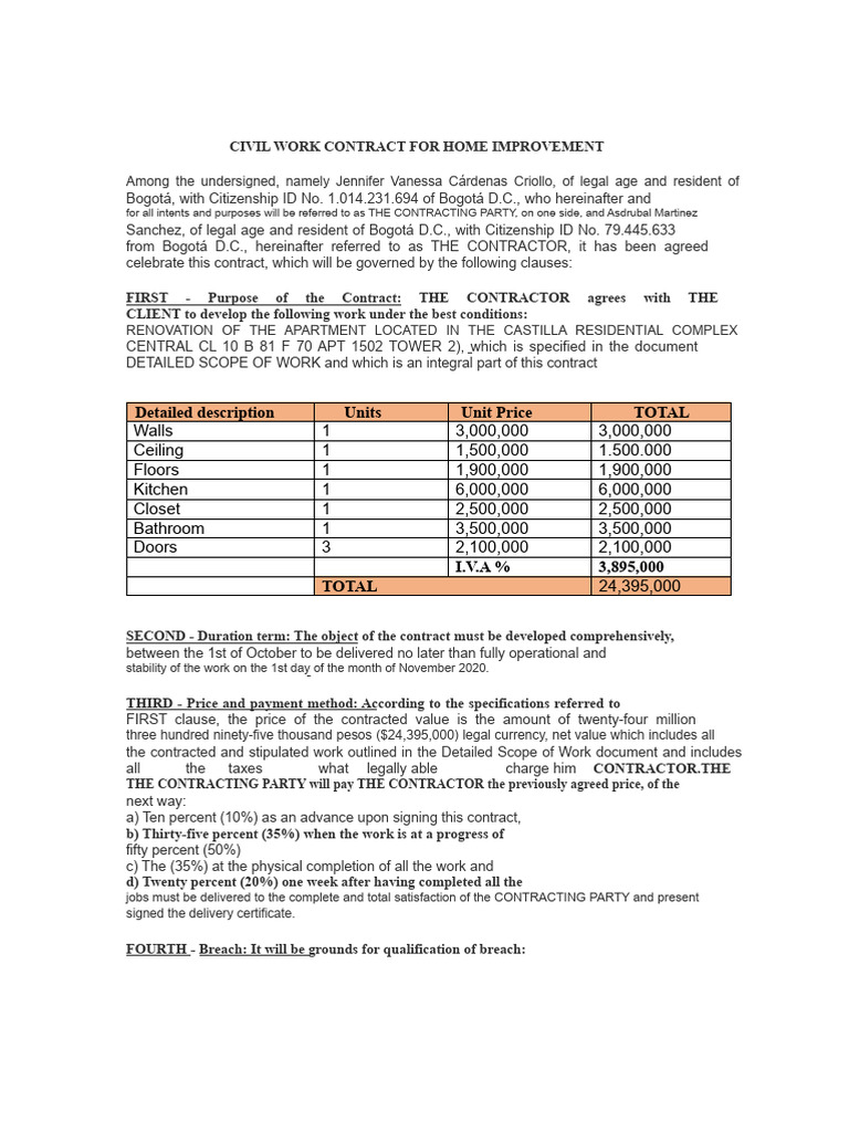 Civil Contract For Home Improvement | PDF | Employment | Breach Of Contract