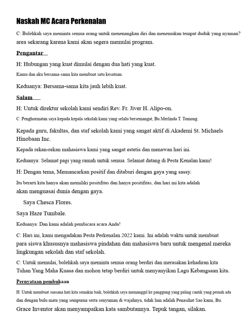 Naskah MC Pesta Perkenalan Sekolah | PDF