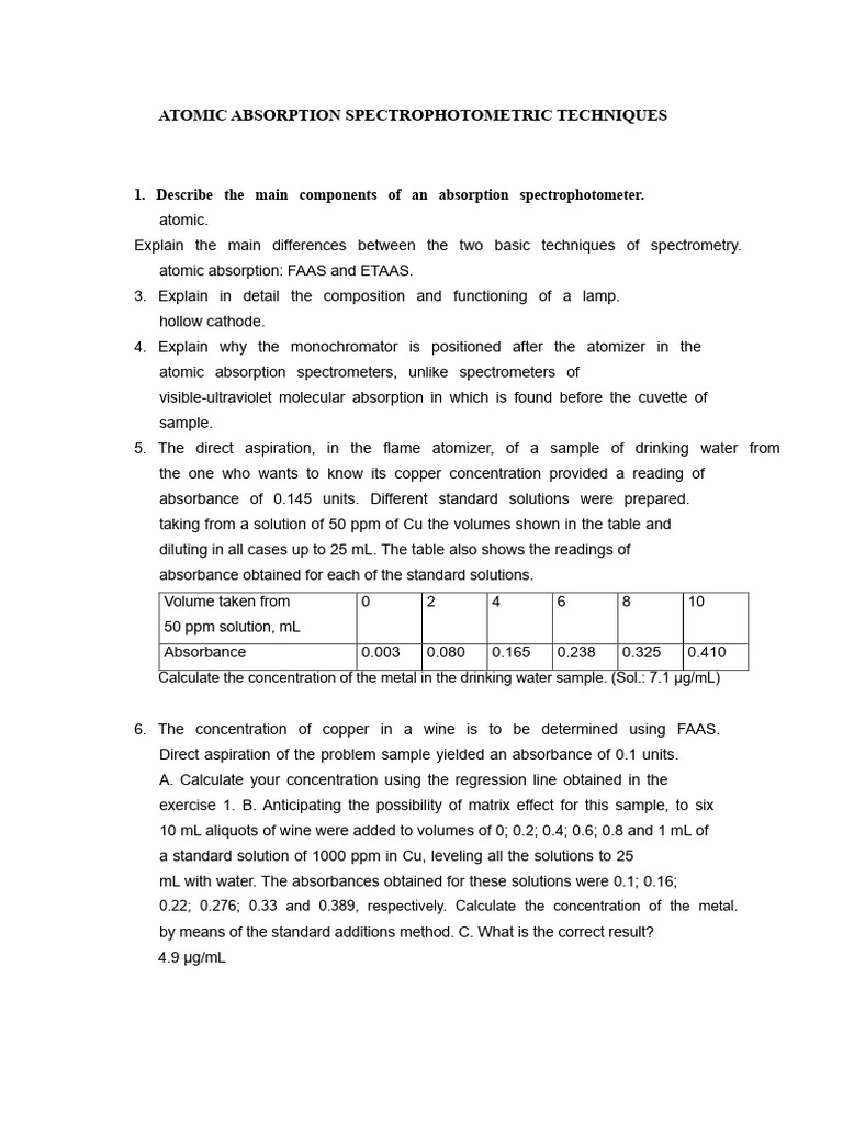 Exercises Spectrophotometry of Atomic Absorption | PDF ...