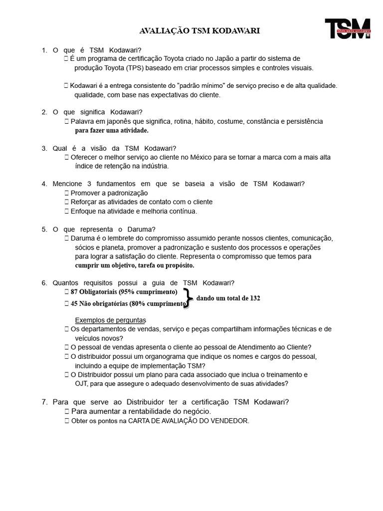 Avaliação do Programa TSM Kodawari Toyota | PDF | Qualidade (negócios ...