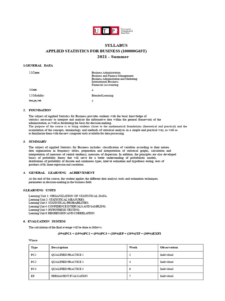 SYLLABUS | PDF | Statistics | Statistical Analysis