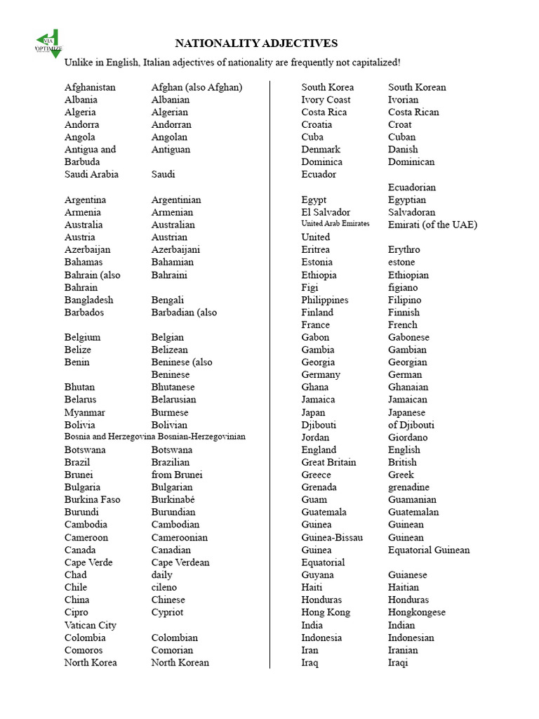 Italian Nationality Adjectives Guide | PDF
