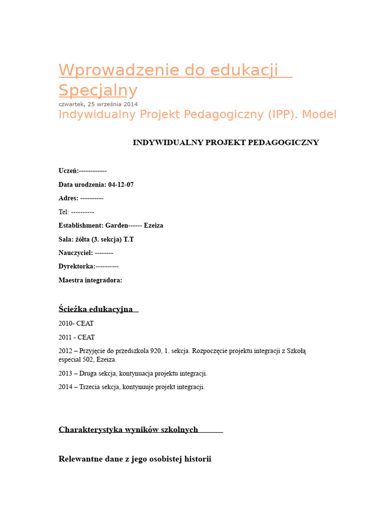 Wprowadzenie Do Edukacji Specjalny: Indywidualny Projekt Pedagogiczny ...