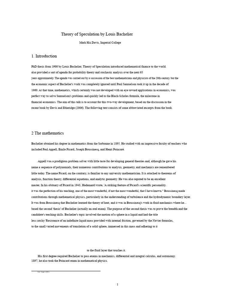 Class 1. Louis Bachelier's Theory of Speculation. | PDF | Stochastic ...