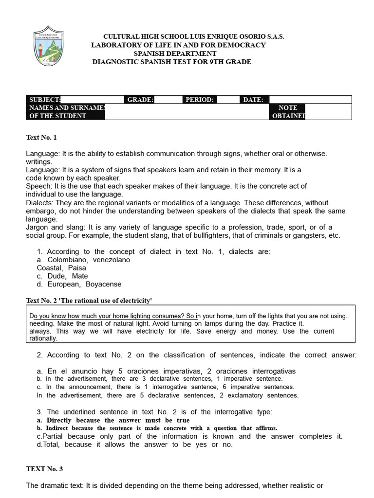 9th Grade Spanish Diagnostic Test | PDF | Verb | Stress (Linguistics)