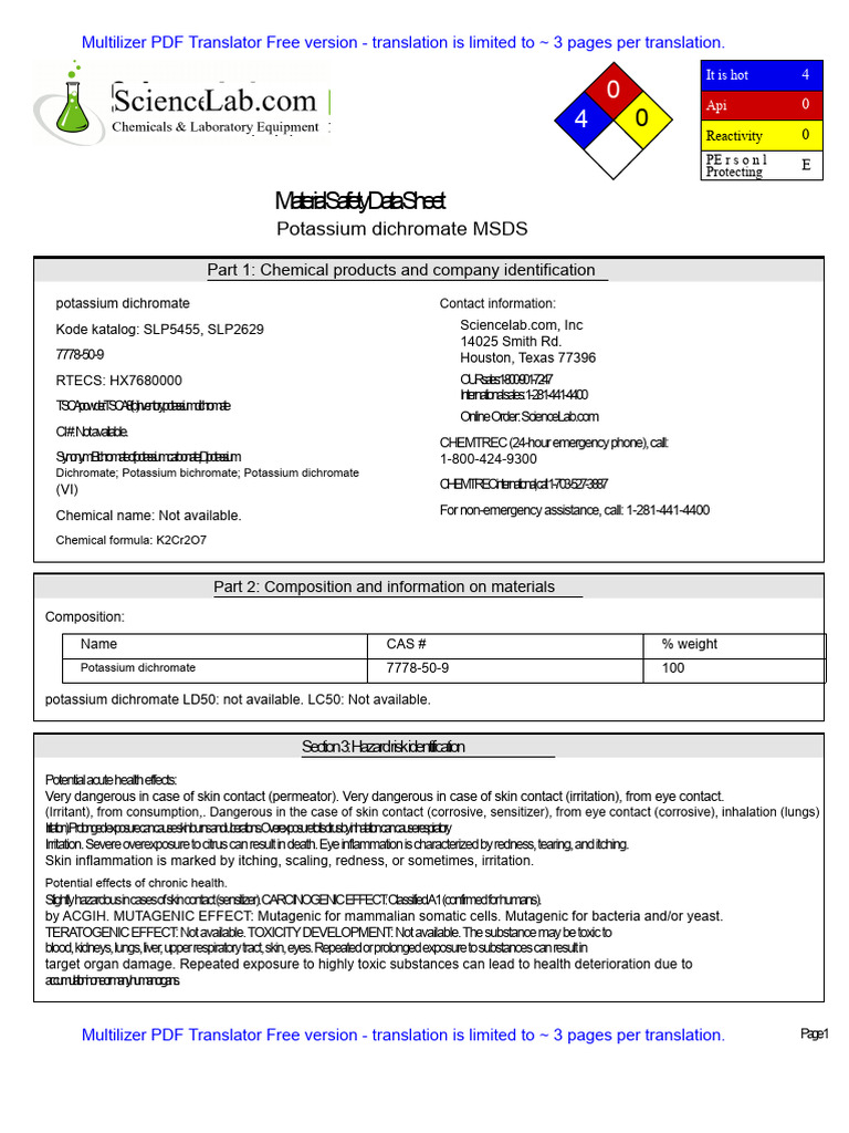 MSDS of Potassium Dichromate | PDF | Chromium | Toxicity