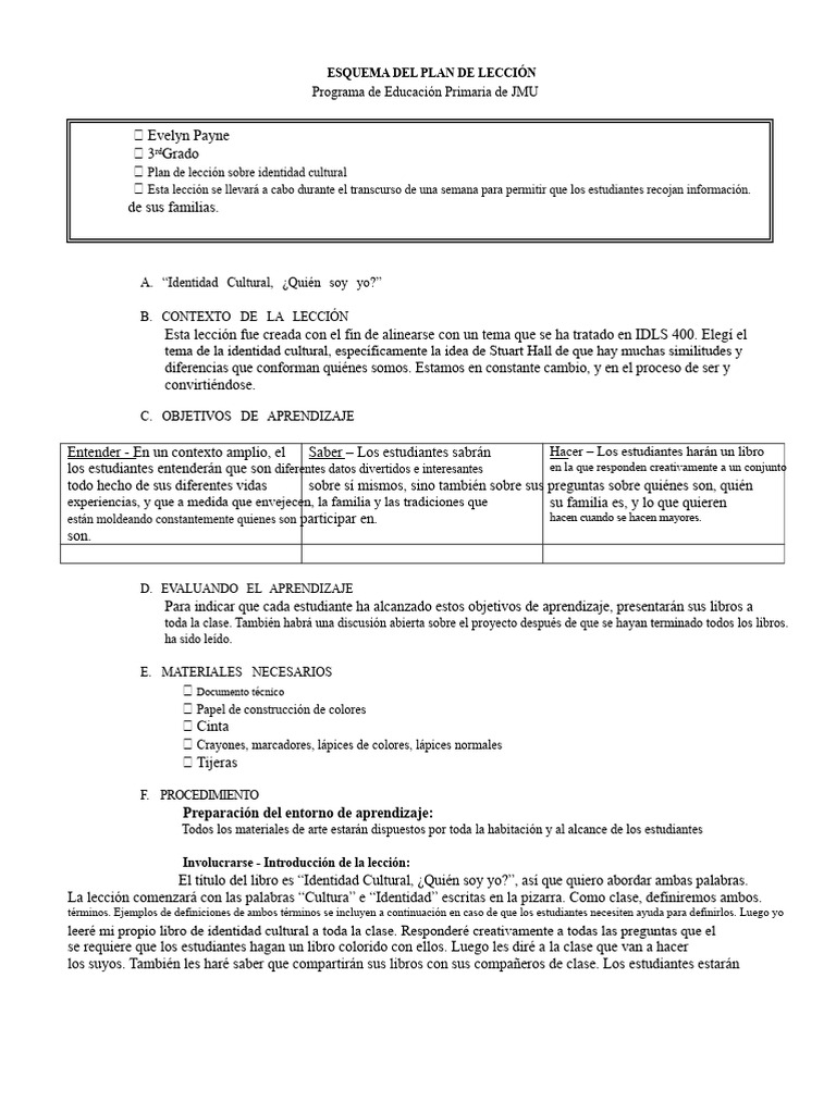 Plan de Lección Sobre Identidad Cultural ¿Quién Soy? | PDF ...