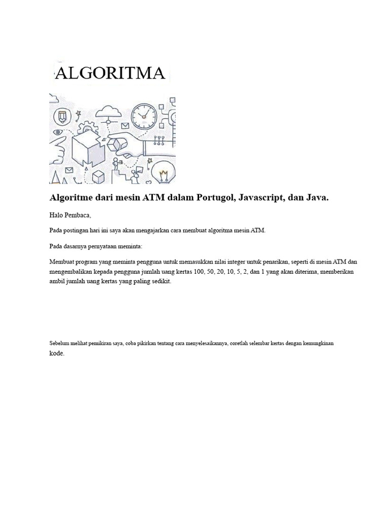 Algoritma Mesin ATM Dalam Portugol Javascript Dan Java | PDF