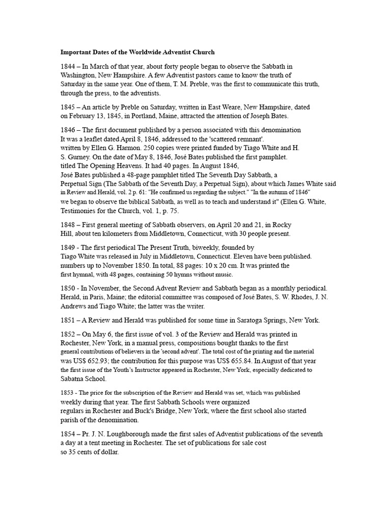 Important Dates of The Worldwide Adventist Church | PDF | Disciple ...