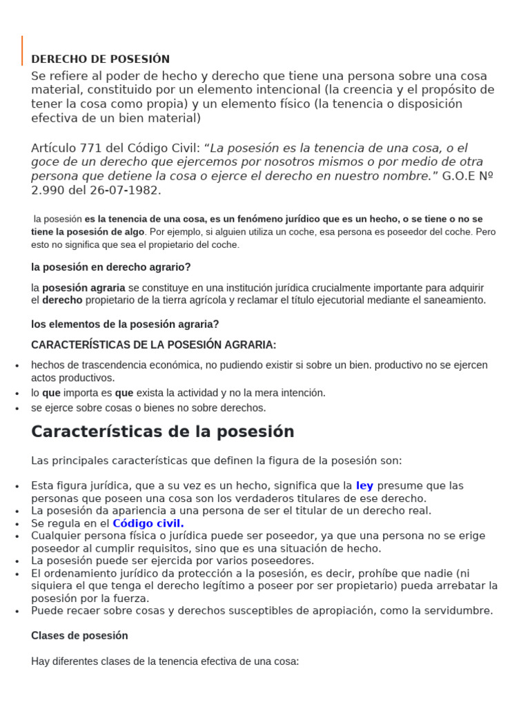 Derecho de Posesión y Agrario | PDF | Posesión (Ley) | Propiedad