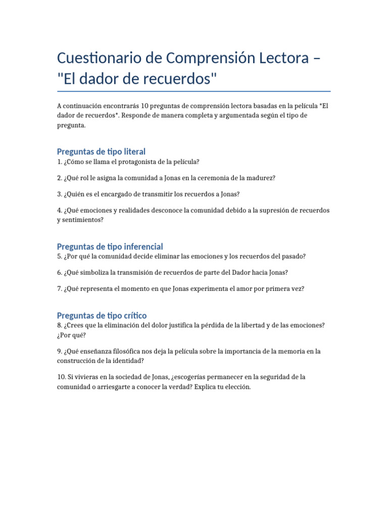 Cuestionario El Dador de Recuerdos | PDF