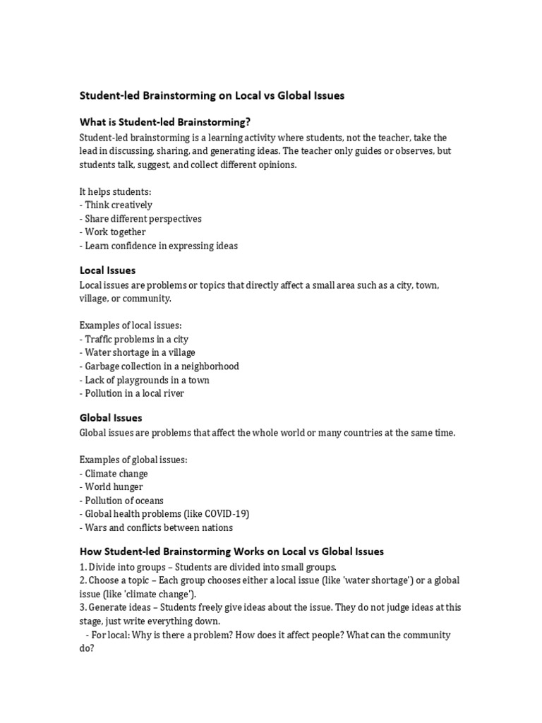 Student-led Brainstorming: Local vs Global Issues | PDF | Brainstorming ...
