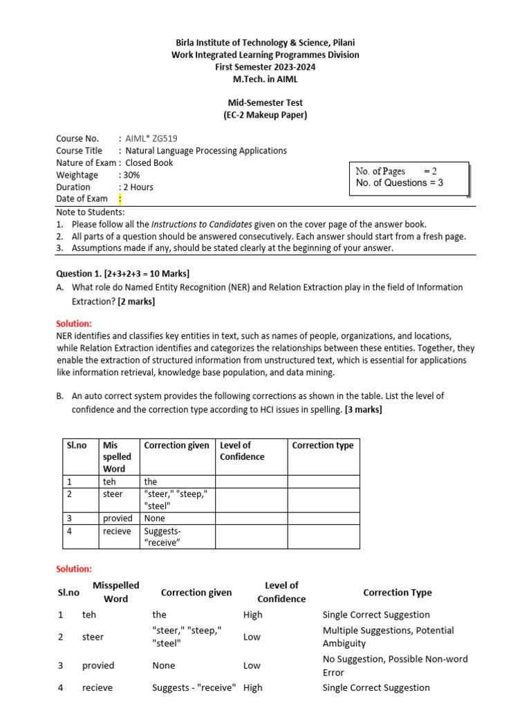 NLP Applications Midsem Paper July 2024 Makeup Solution | PDF | Noun ...