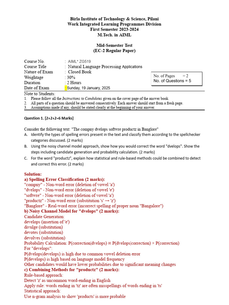 NLP Applications Midsem Paper Jan 2025 Regular Solution | PDF | Information Science | Applied ...