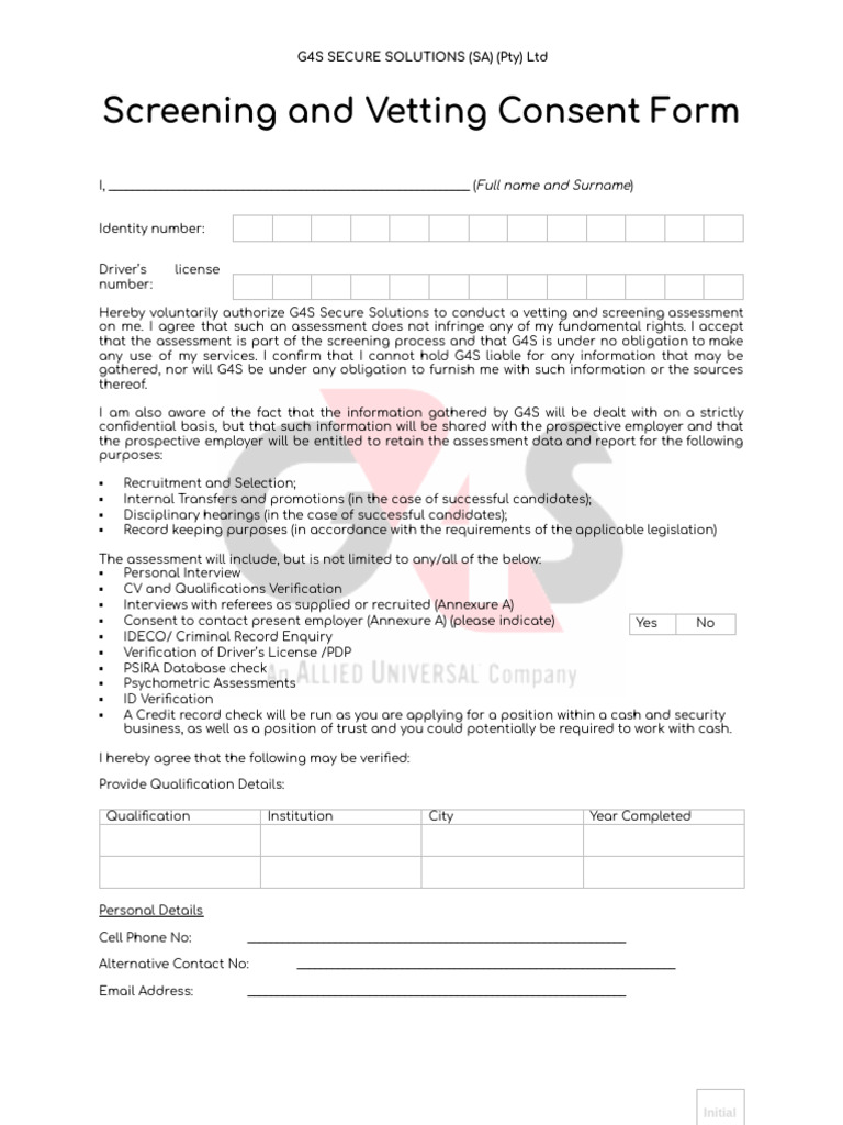 Updated Consent Form 06 May 2024 G4S Secure Solutions | PDF