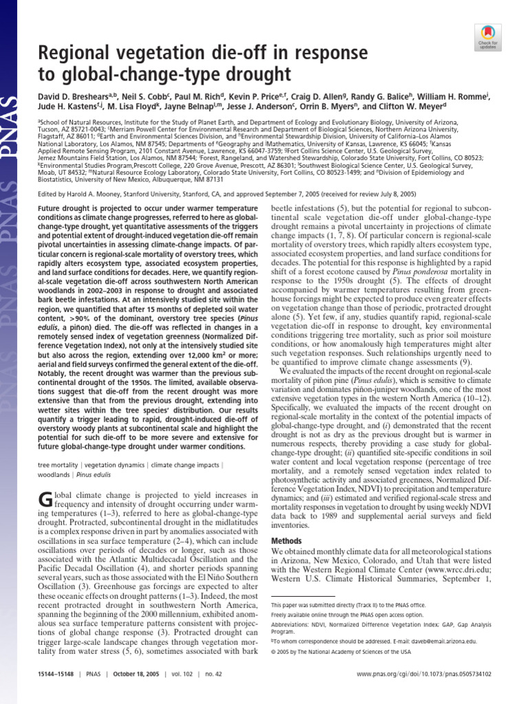 Breshears Et Al 2005 Regional Vegetation Die Off in Response To Global ...