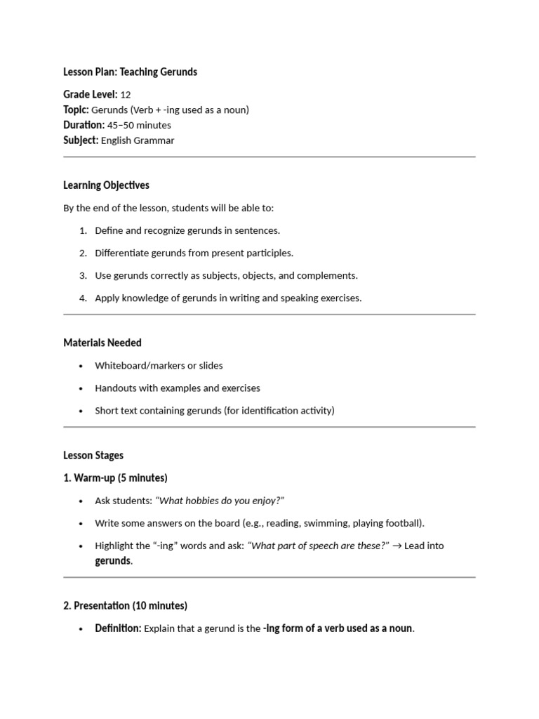 Teaching Gerunds: Lesson Plan for 12th Grade | PDF | Subject (Grammar ...
