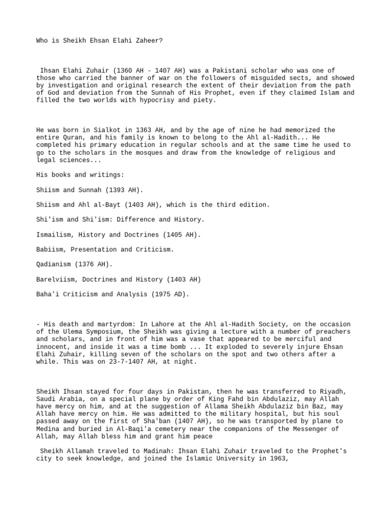Who Is Sheikh Ehsan Elahi Zaheer | PDF | Hadith | Medina