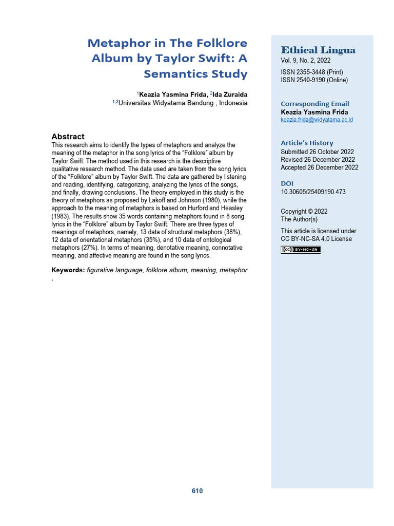Metaphor in The Folklore Album by Taylor Swift: A Semantics Study by ...