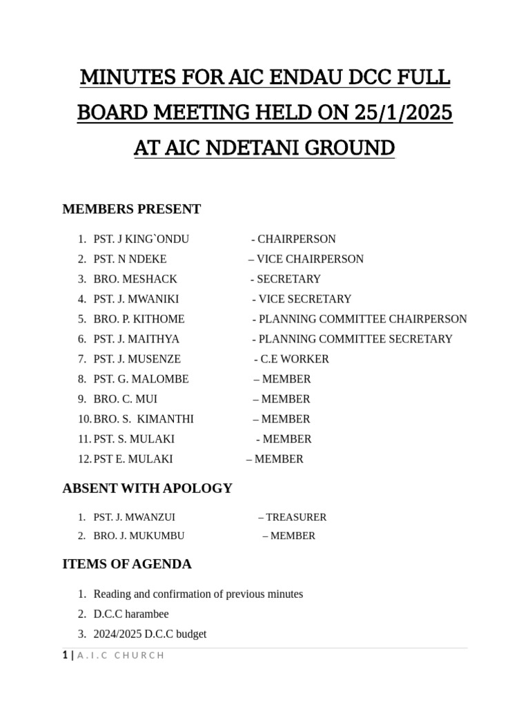 Minutes For Aic Endau DCC Full Board Meeting Held On 25 | PDF