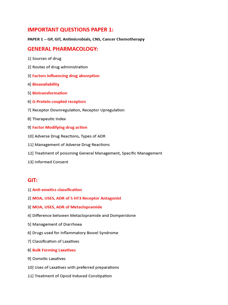 Important Questions Paper 1 | PDF | Chemotherapy | Benzodiazepine