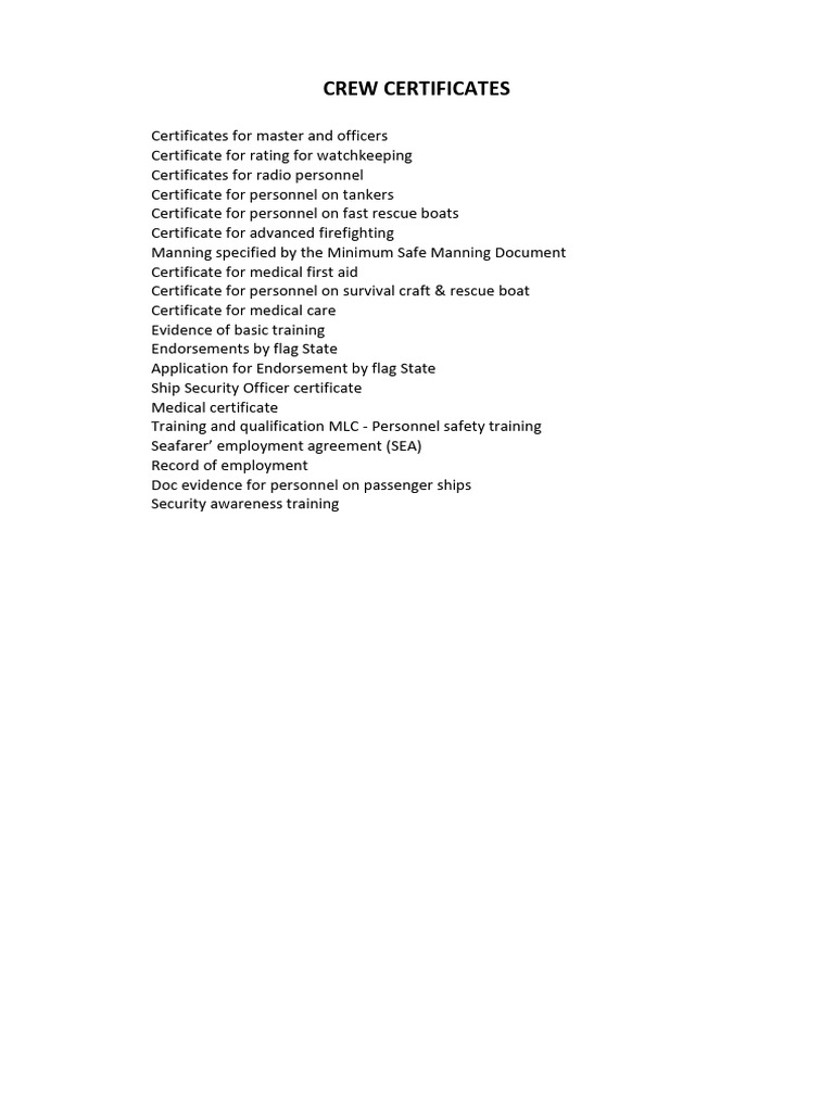 Essential Crew Certificates for Maritime Safety | PDF